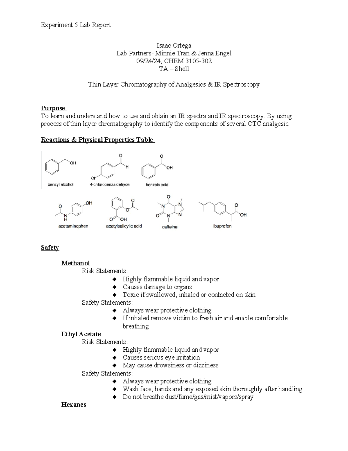 CHEM 3105 Lab Report 5: TLC of Analgesics & IR Spectroscopy Findings ...