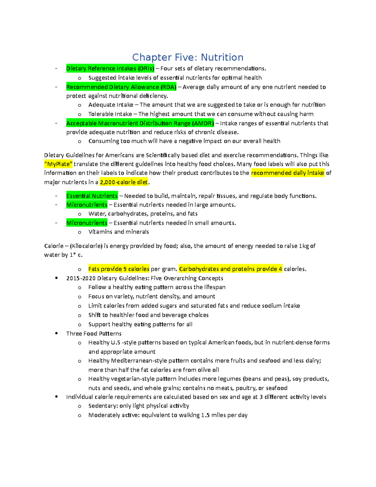 Personal Health Chapter 5 - Nutrition - Chapter Five: Nutrition Dietary ...
