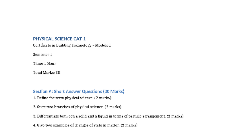 Physical Science CAT 1: Building Tech Module I Short Answer Qs - Studocu