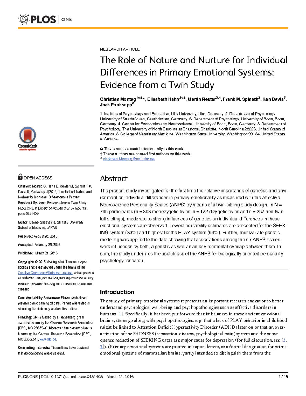 The Role of Nature vs. Nurture in Primary Emotional Systems: A Twin ...