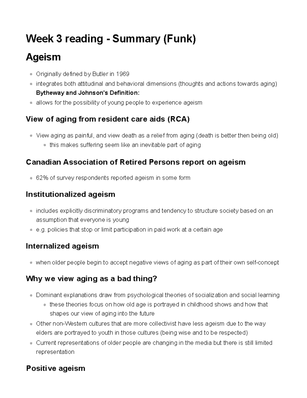 Summary of Week 3 Reading: Ageism Perspectives and Implications - Week 3 reading - Summary (Funk ...