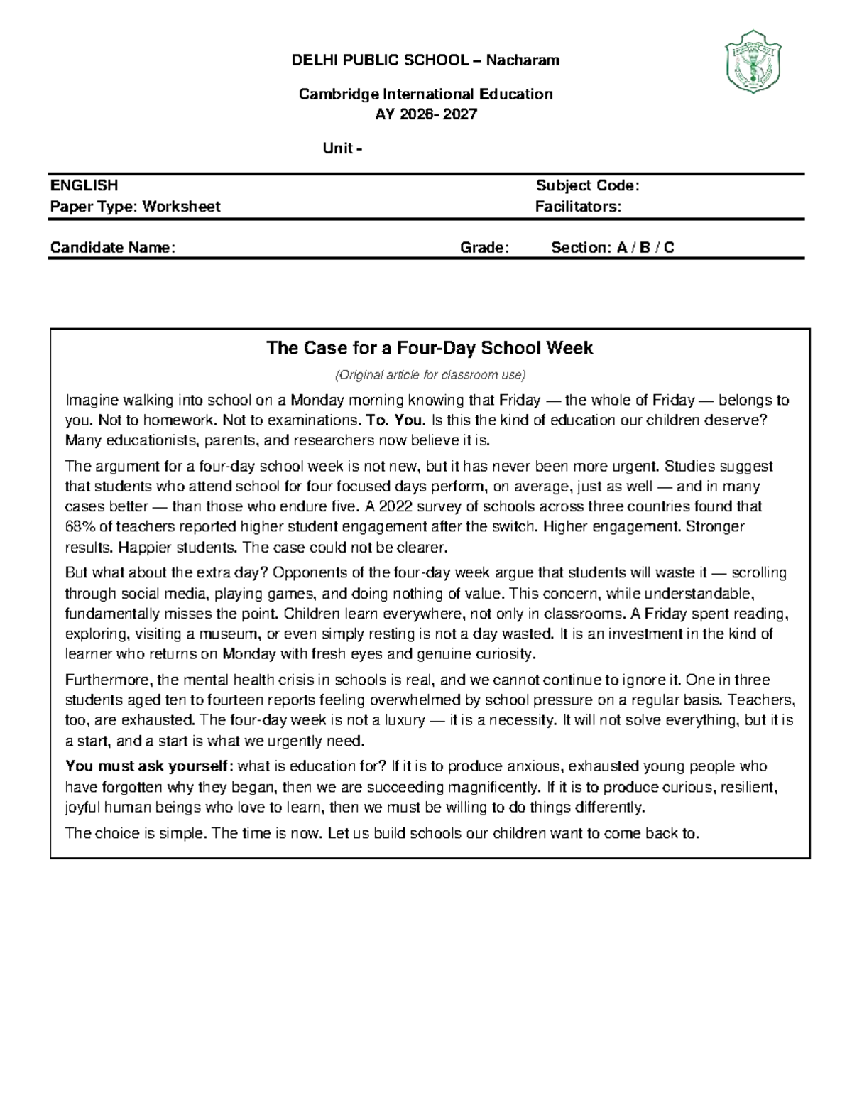 Gr5 Unit 4 Checkpoint Revision Worksheet: The Case for a School Week ...