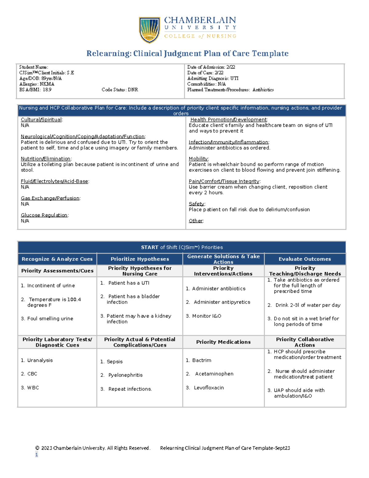 CJSim™ Client Care Plan for UTI Management and Nursing Interventions ...