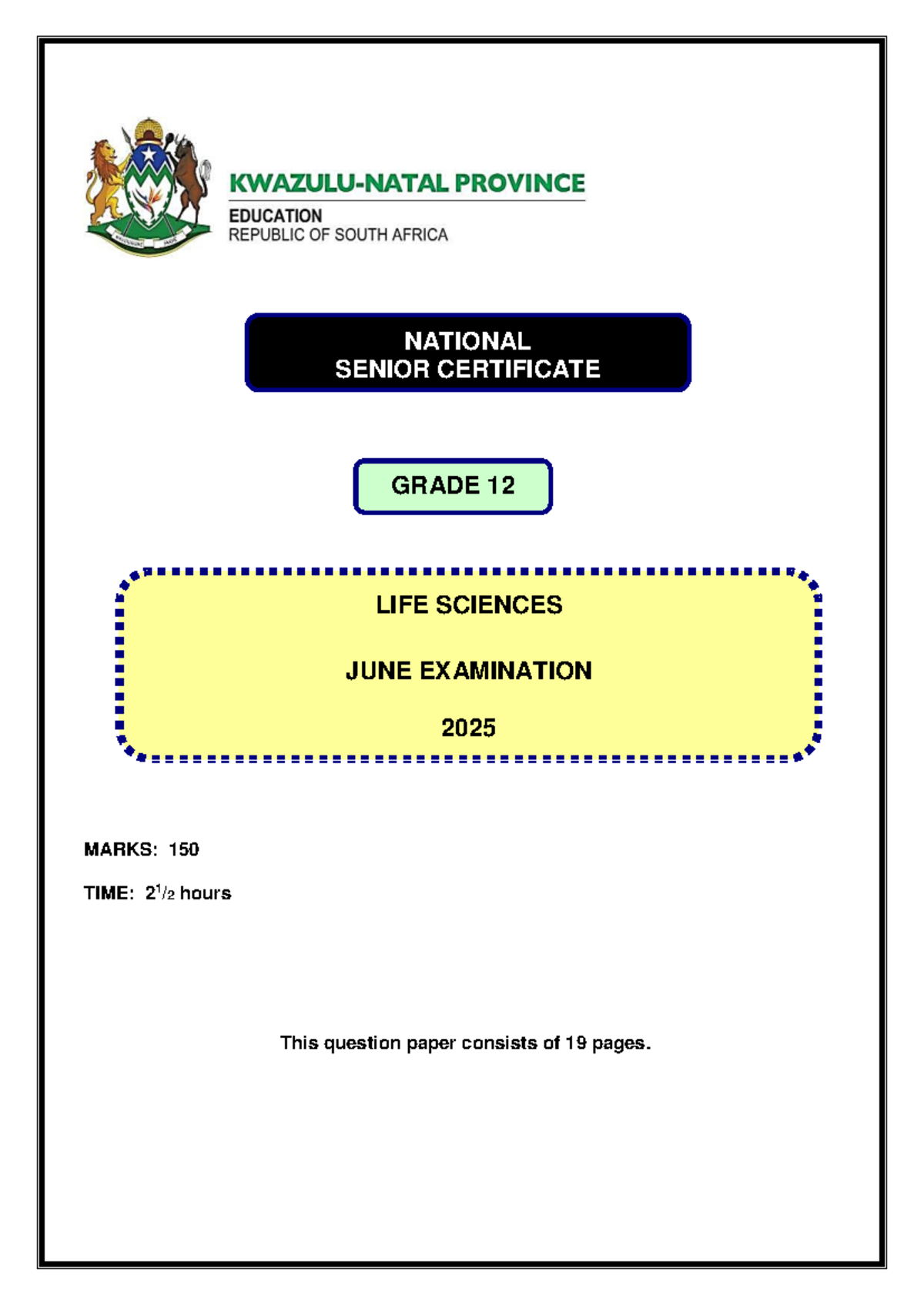 KZN Life Sciences Grade 12 June Exam Question Paper 2025 - Studocu