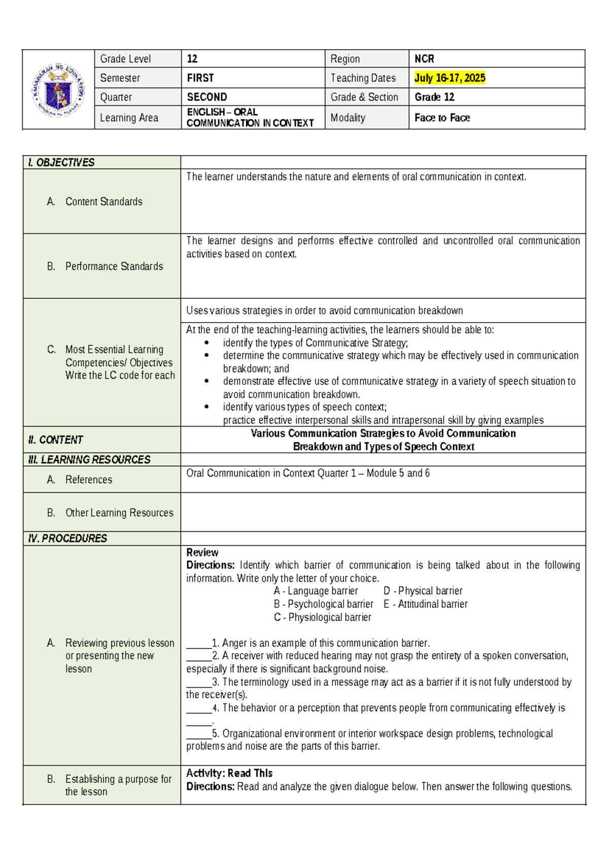 Q1 ENGLISH 12 Oral Communication Strategies to Prevent Breakdown - Studocu
