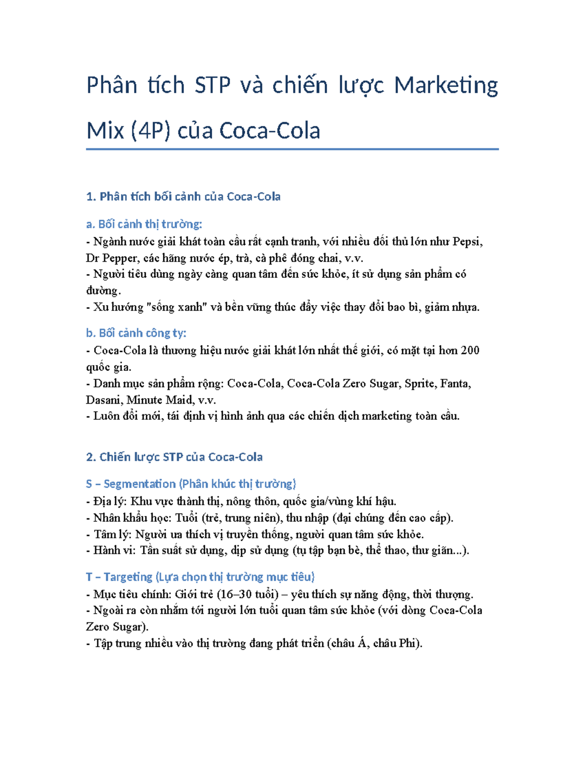 Báo cáo STP và Chiến lược Marketing Mix 4P của Coca Cola - Studocu