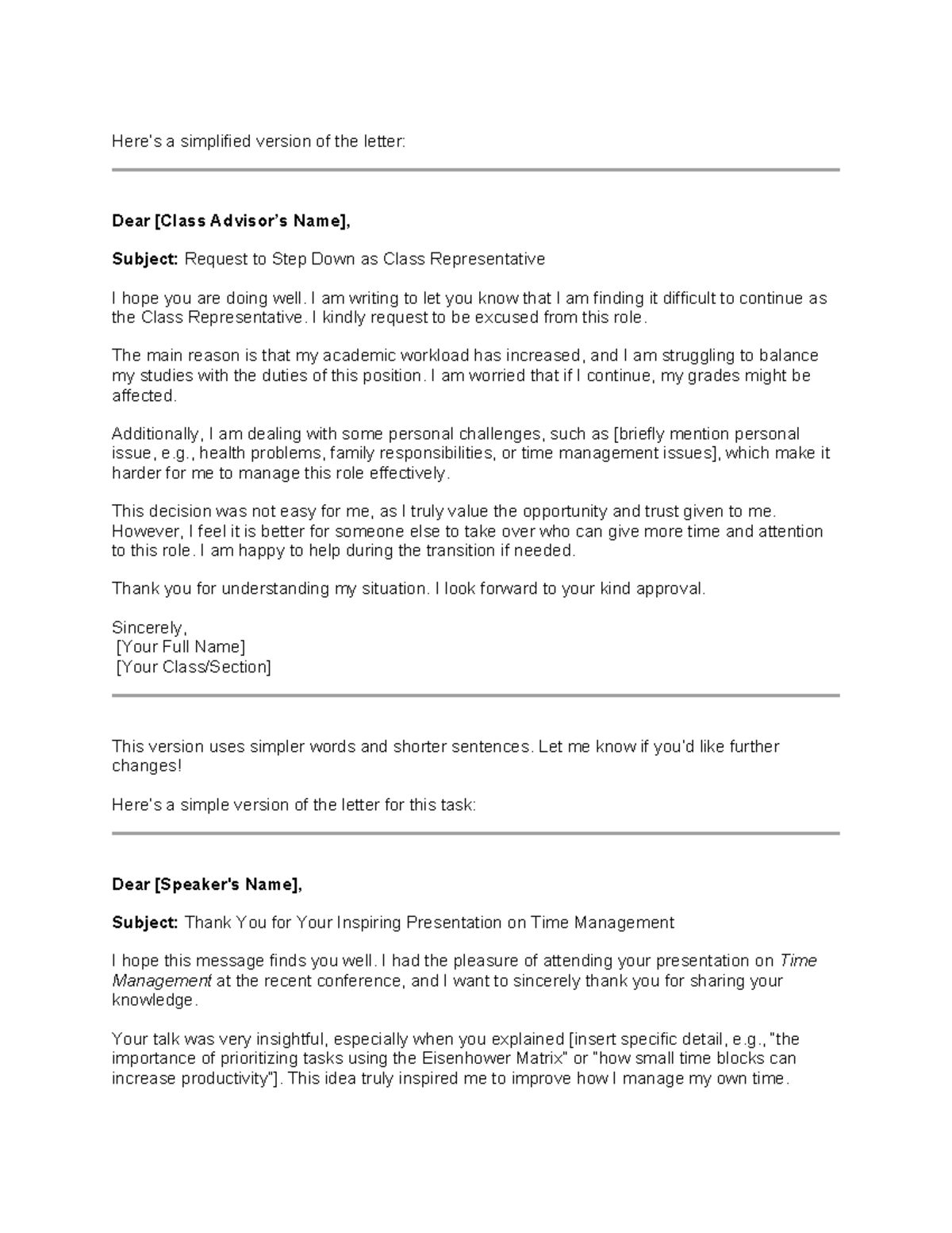 Class Rep Resignation Request & Time Management Presentation Feedback ...