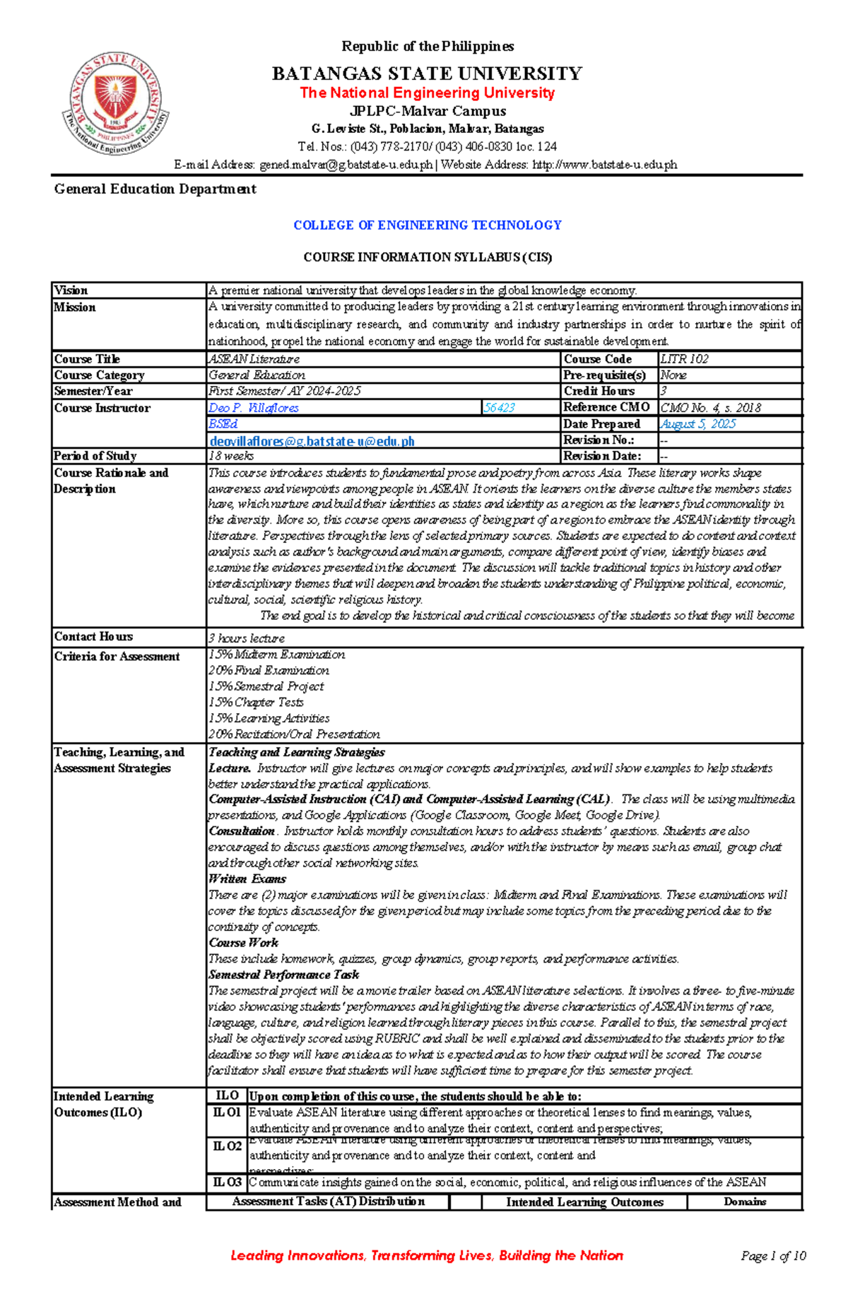 CIS-ASEAN Literature Syllabus LITR 102 - Course Overview and Assessment ...