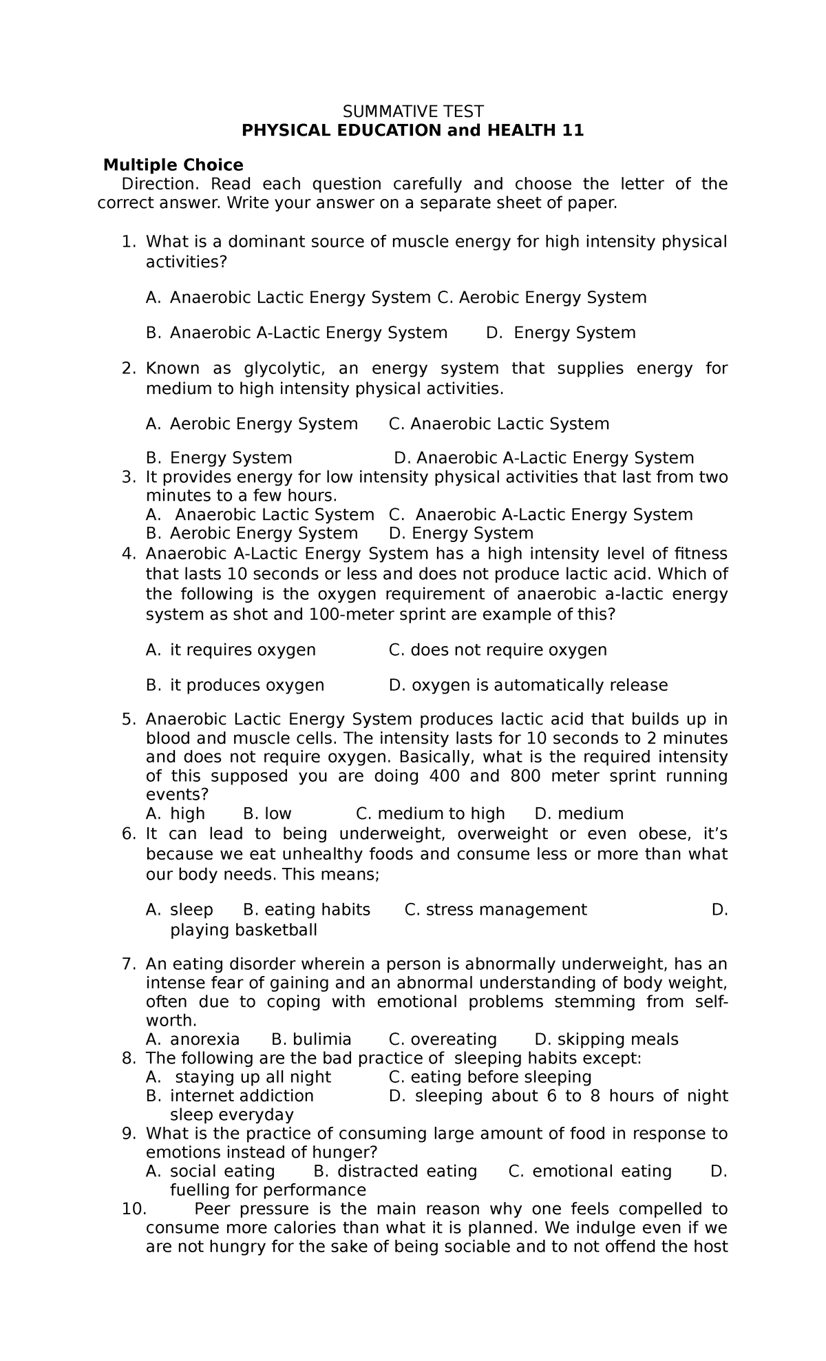PE & Health Exam Summative 1112: Key MCQs & Topics Review - Studocu