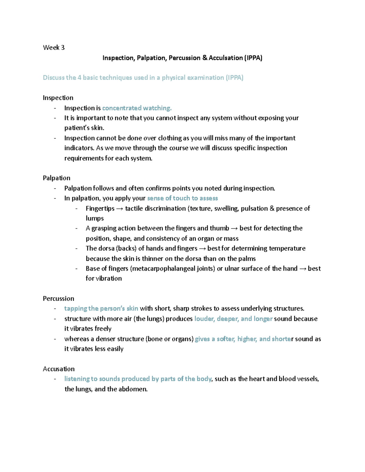 Health assement IPPA - Week 3 Inspection, Palpation, Percussion ...