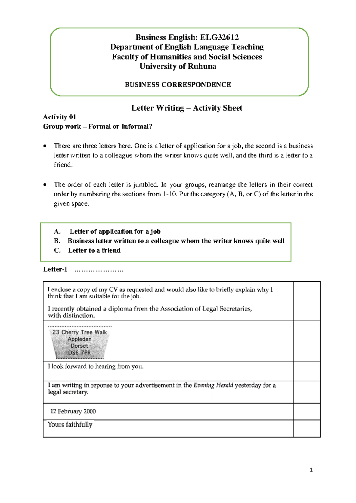 ELG Letter Writing Activity Sheet for Business English Course - Studocu