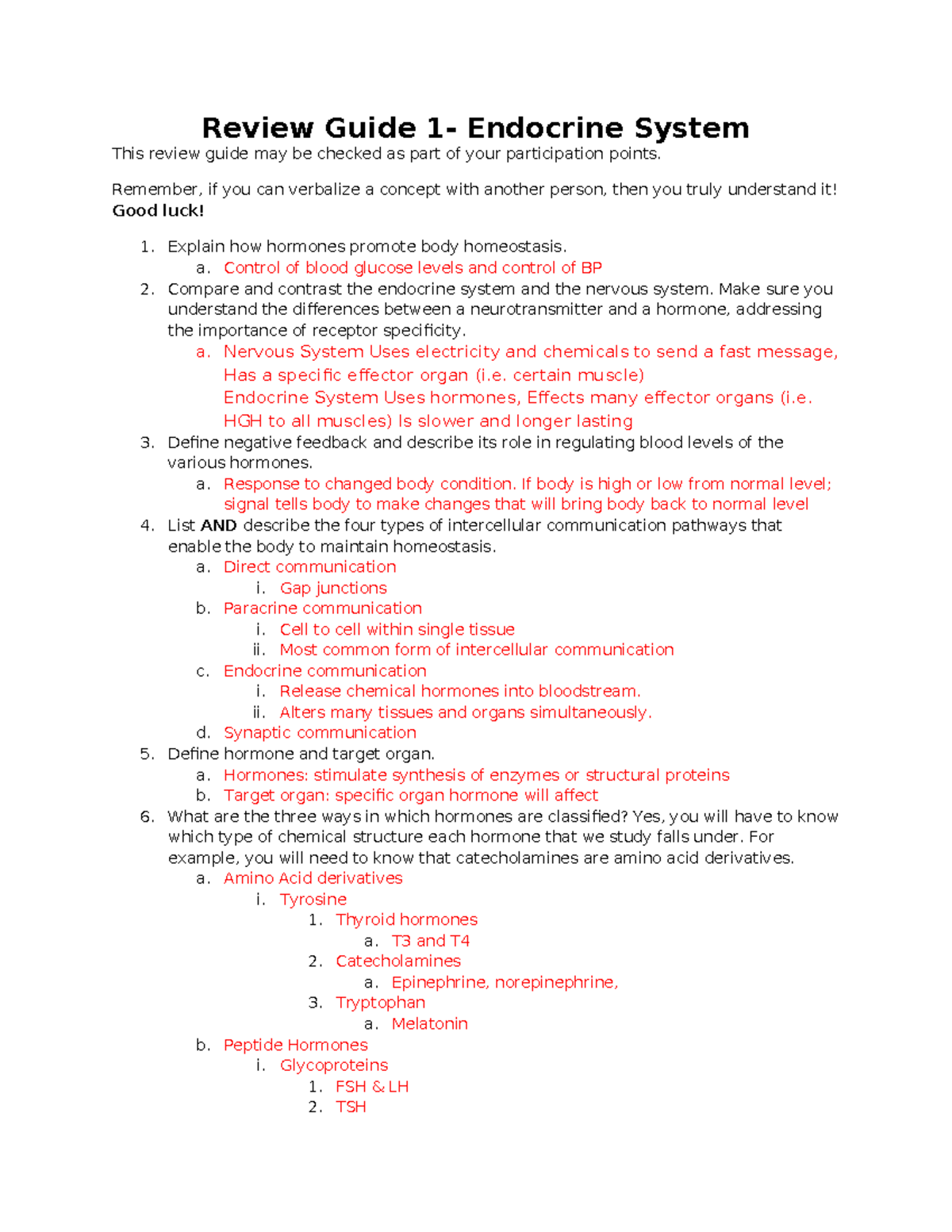 Review Guide 1- Endocrine System 2024 - Review Guide 1- Endocrine ...