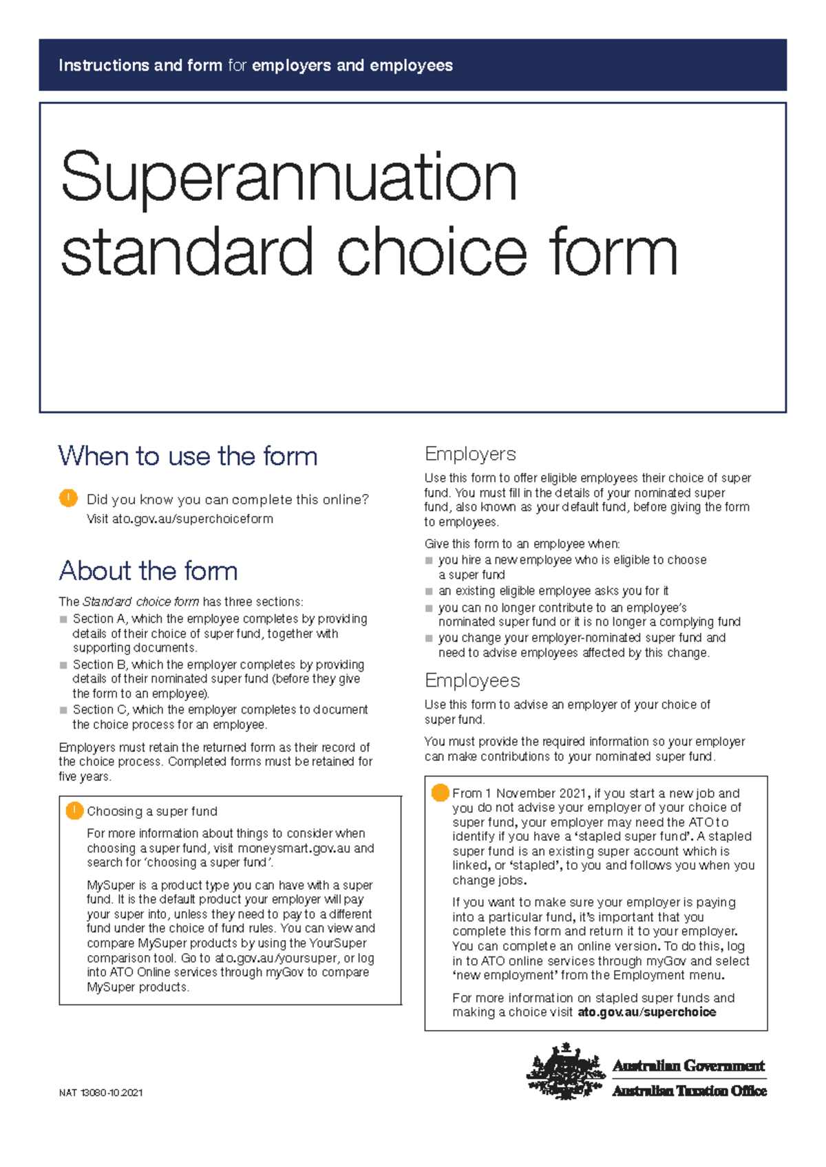 Superannuation Standard Choice Form Instructions for Employers ...
