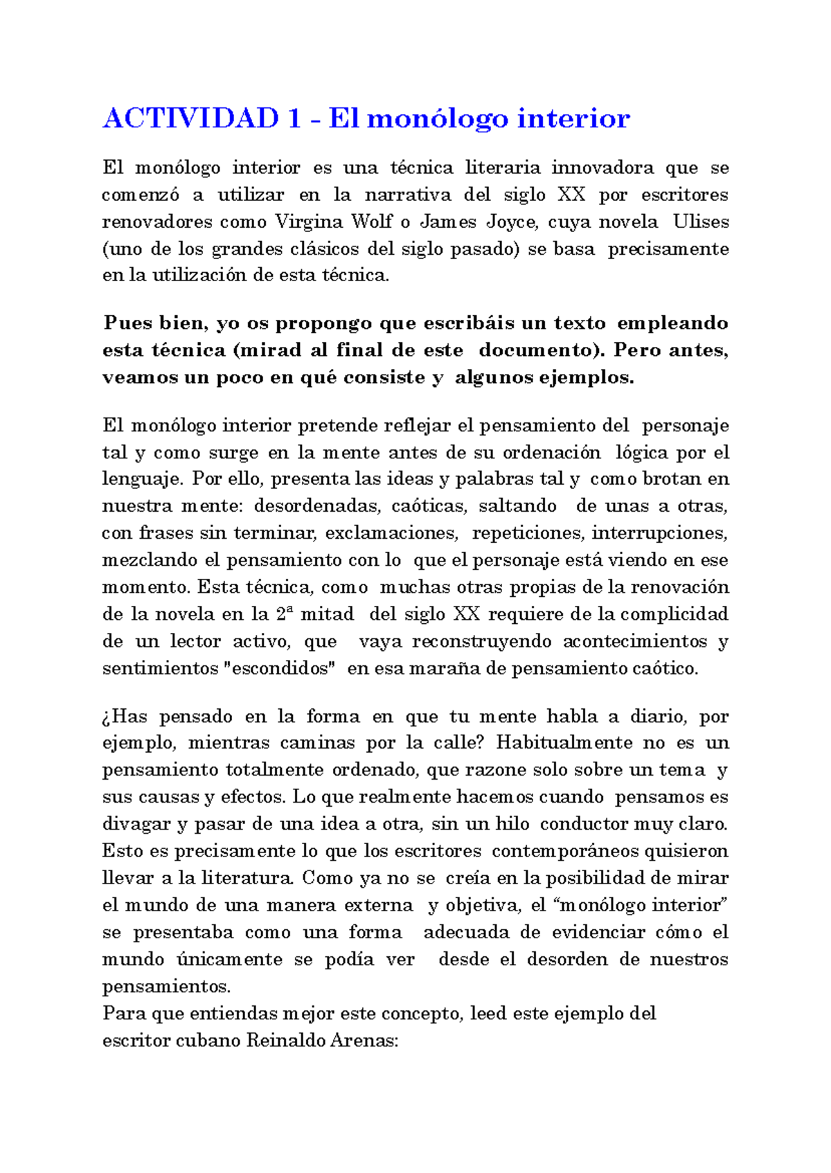 Actividad 1: Comprendiendo el Monólogo Interior en Literatura - Studocu