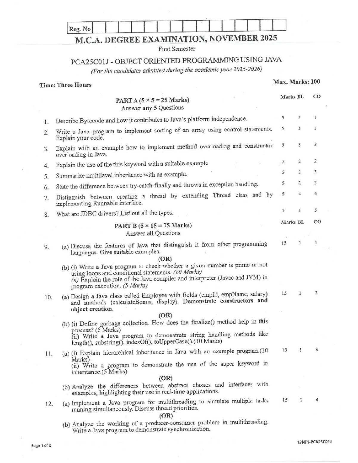 M.C.A. PCA25C01J Final Exam: OOP Using Java Question Paper, Nov 2025 - Studocu