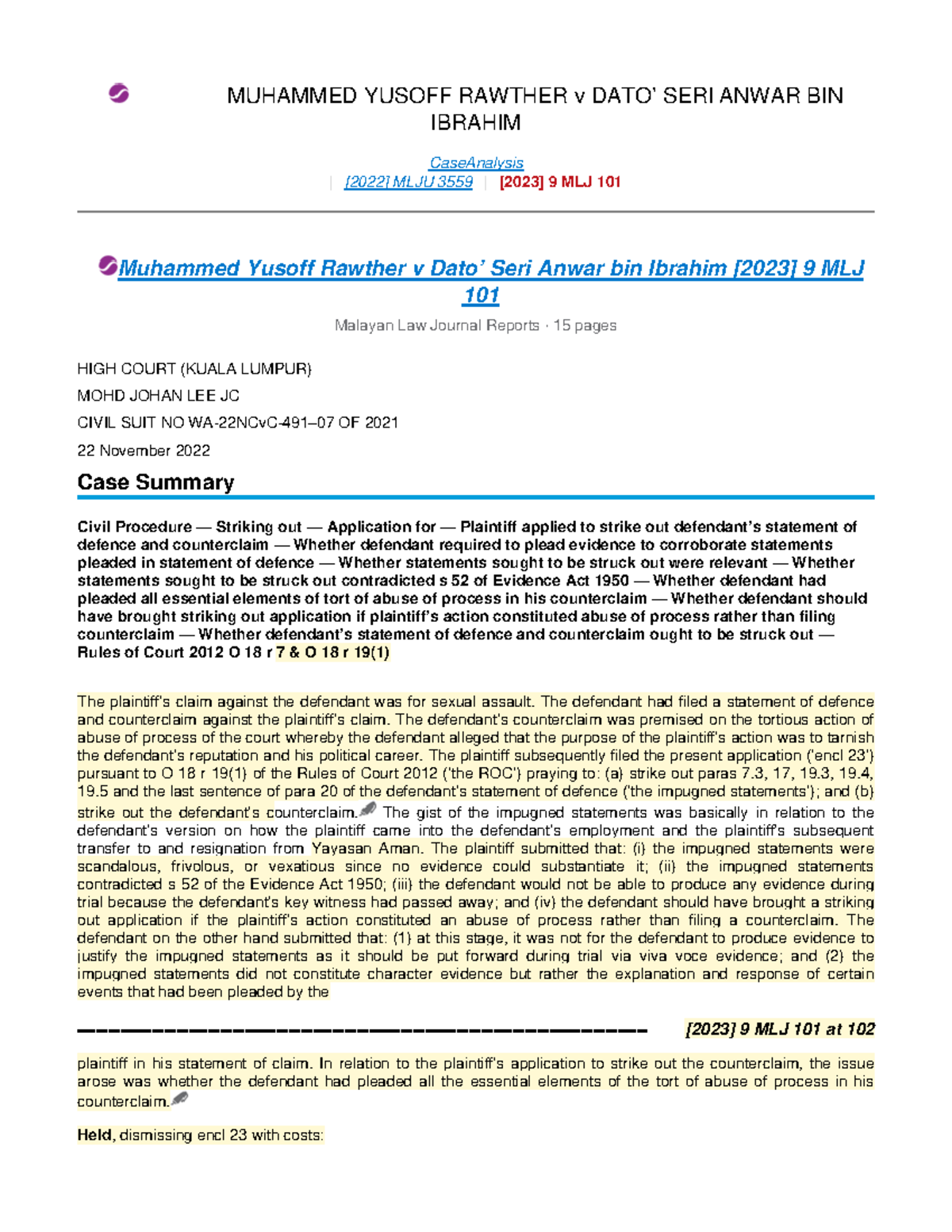 MUHAMMED YUSOFF RAWTHER v DATO’ SERI ANWAR BIN IBRAHIM Case Analysis ...