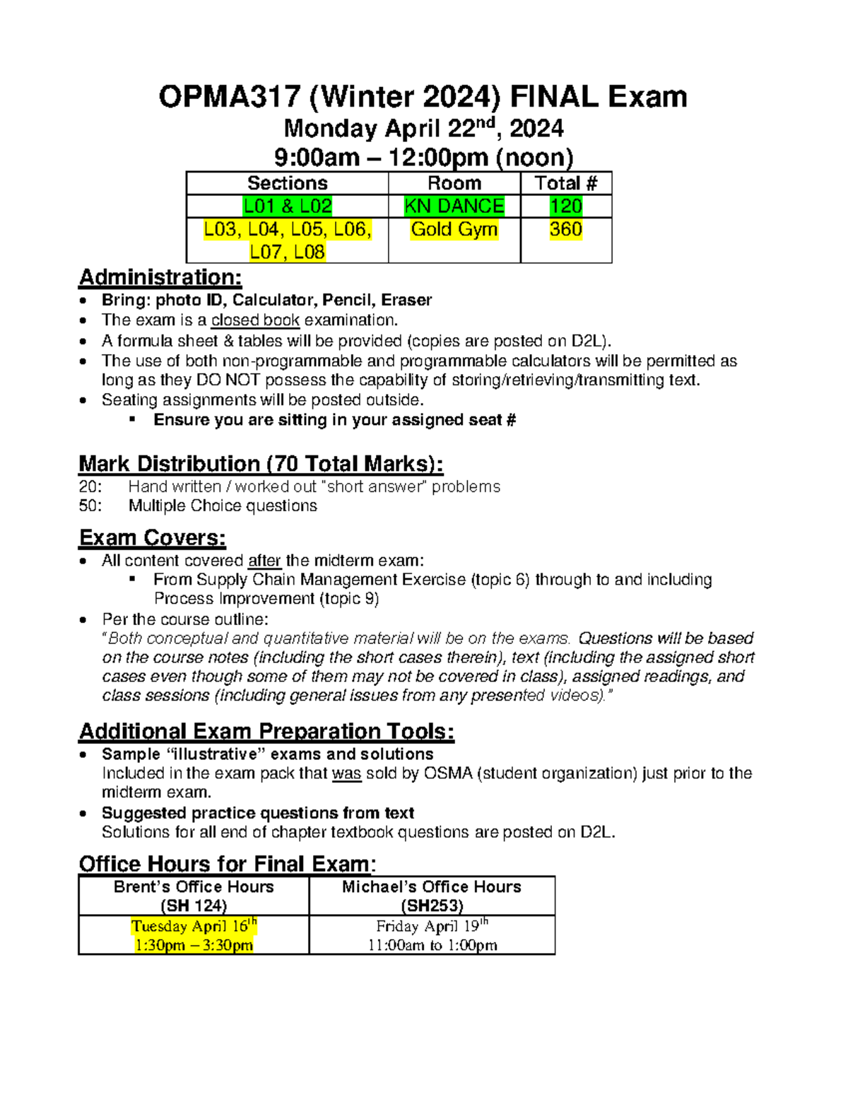 OPMA 317 W24 Final Exam Information - OPMA317 (Winter 2024 ) FINAL Exam ...