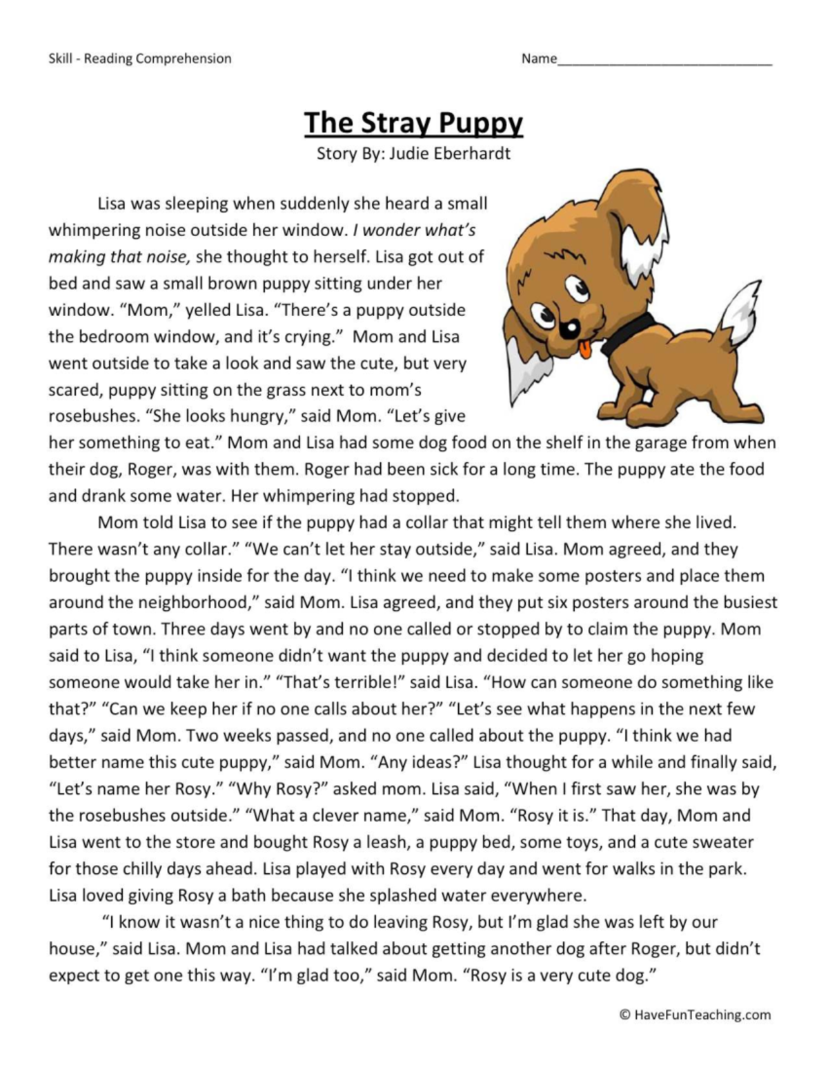 4th Grade Reading Comprehension: The Stray Puppy Story Worksheet - Studocu