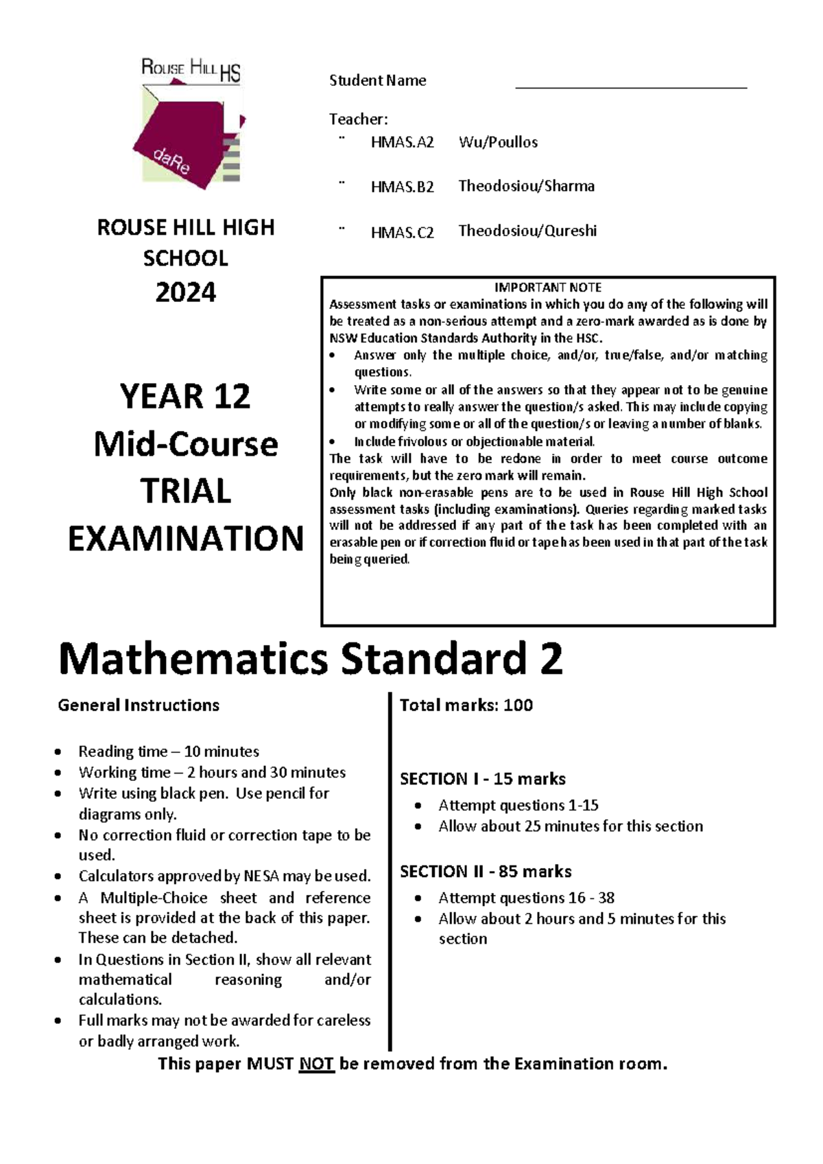 2024 Year 12 Mathematics Standard 2 Trial Exam Guidelines - Studocu