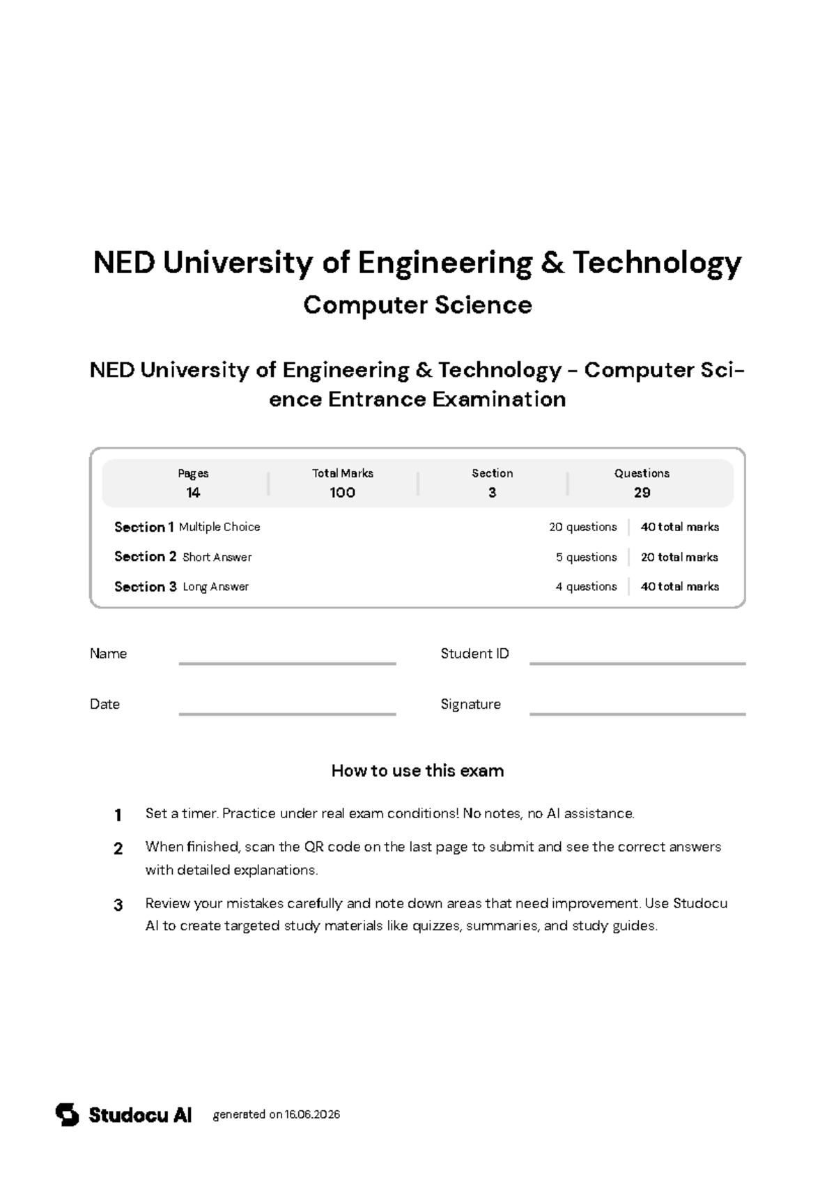 NED University Computer Science Entrance Exam - Studocu