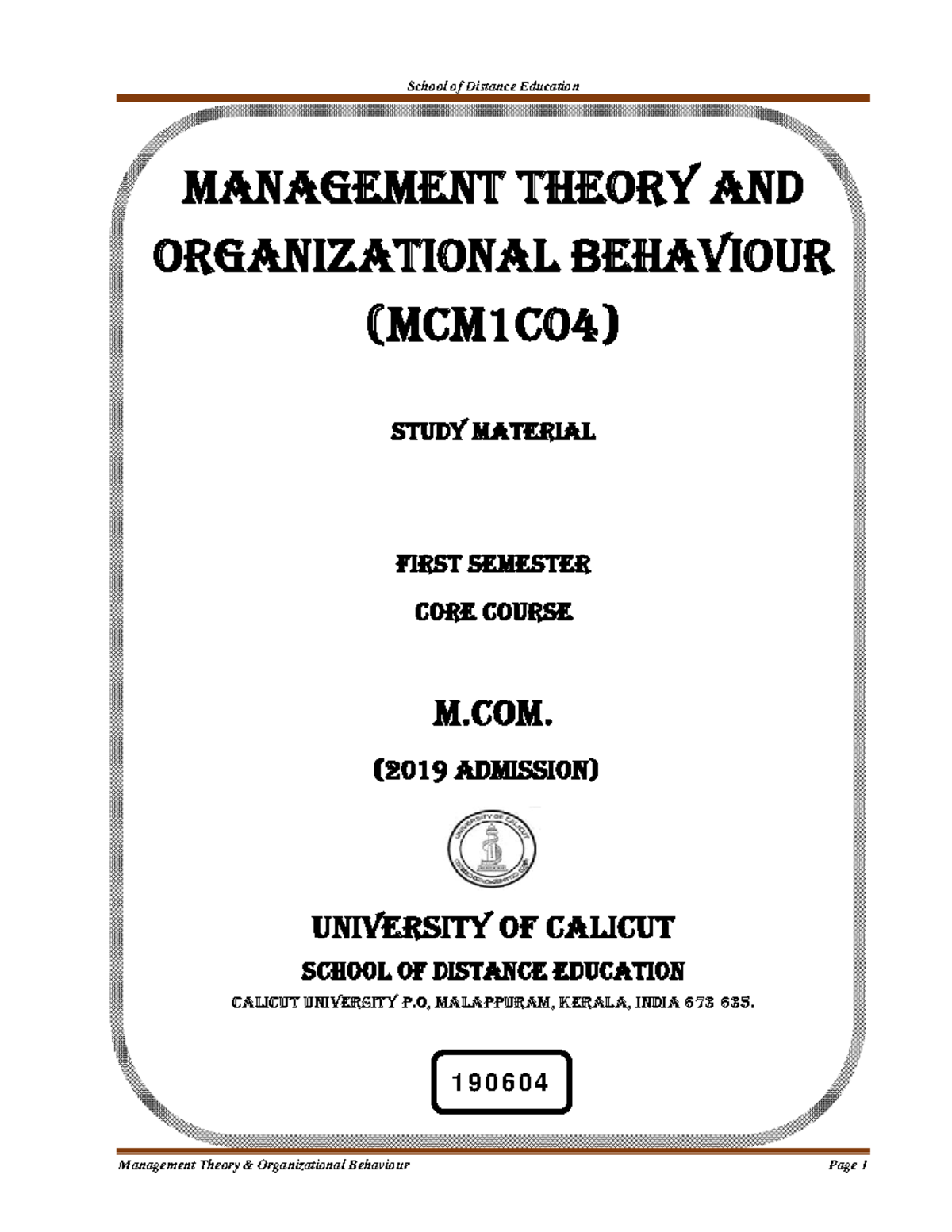 MCM1C04: Management Theory & Organizational Behaviour Study Material ...