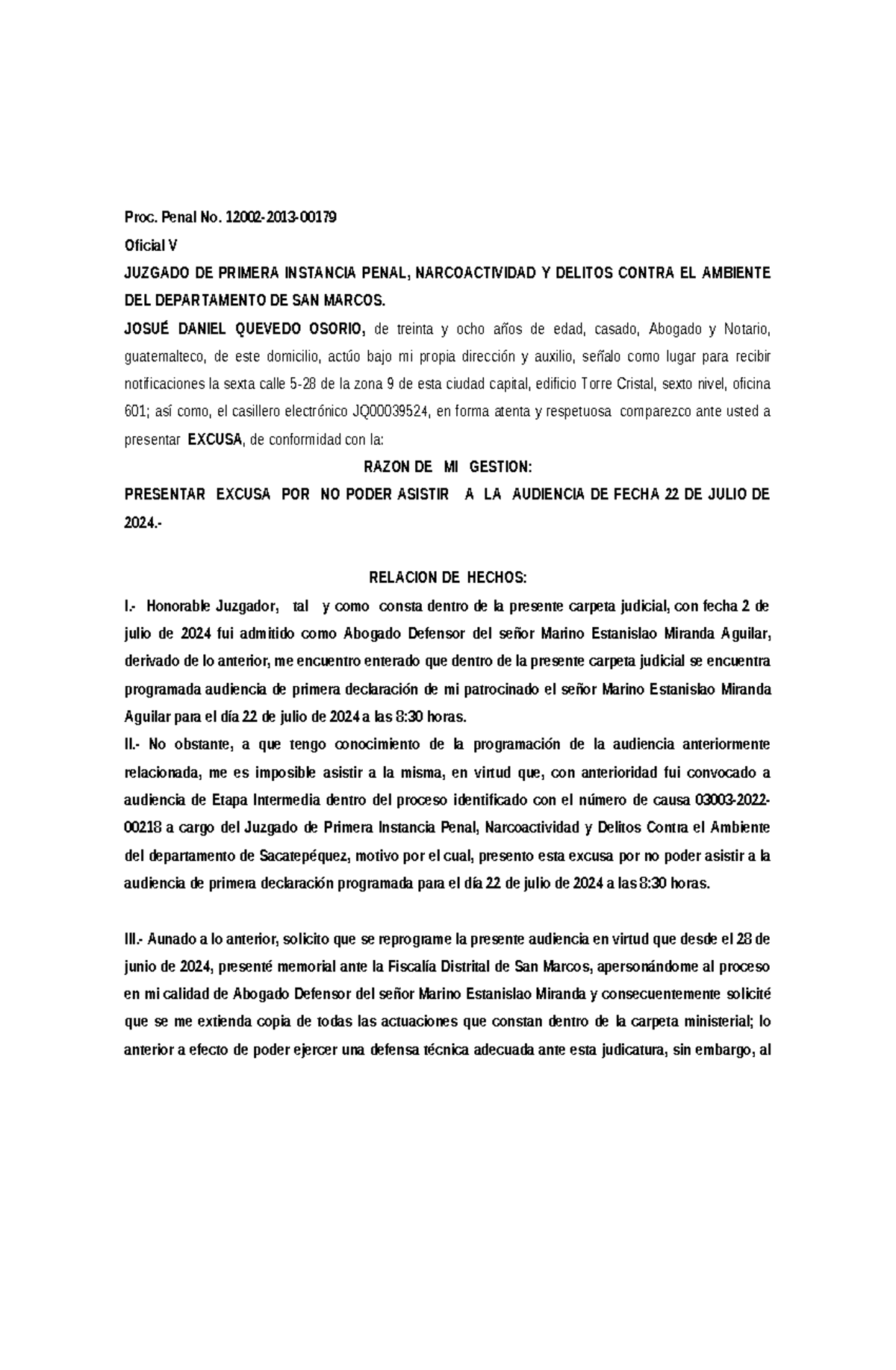 Memorial de Excusa Penal - Caso Marino Miranda (Proc. Penal No.) - Studocu