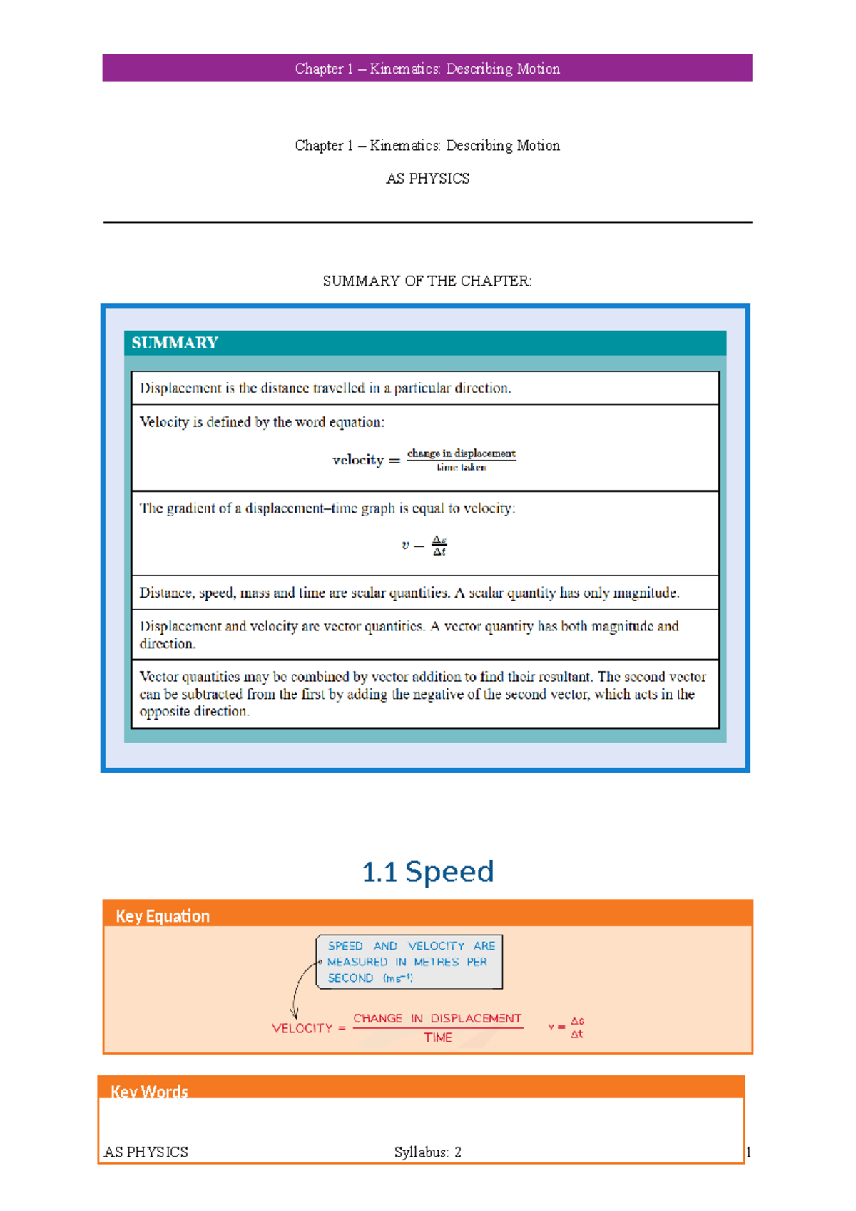 Chapter 1 - Kinematics (Describing Motion) - Key Equation Key Words ...