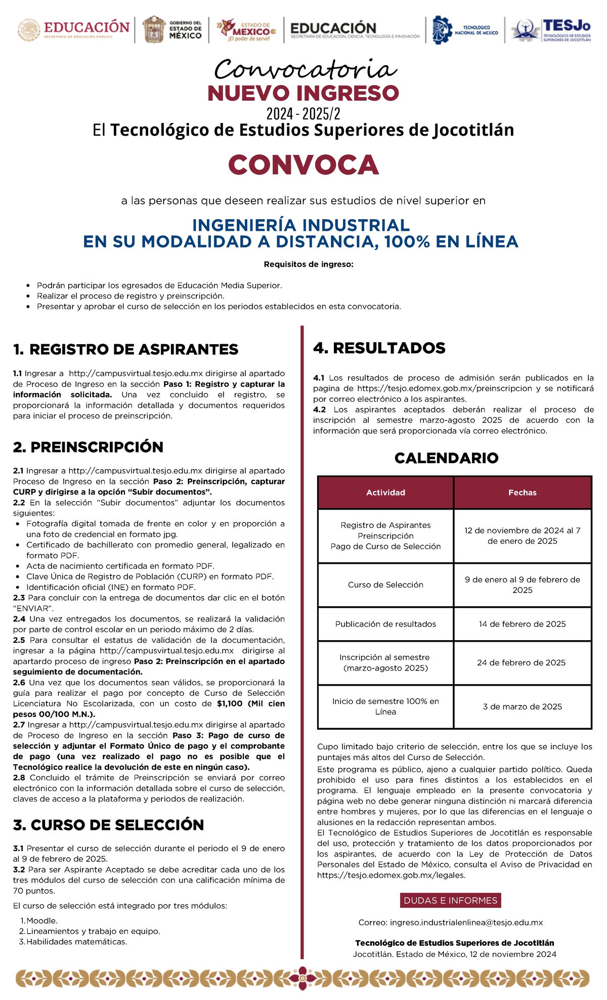 Convocatoria para Ingreso a Ingeniería Industrial 2024-2025 - Studocu