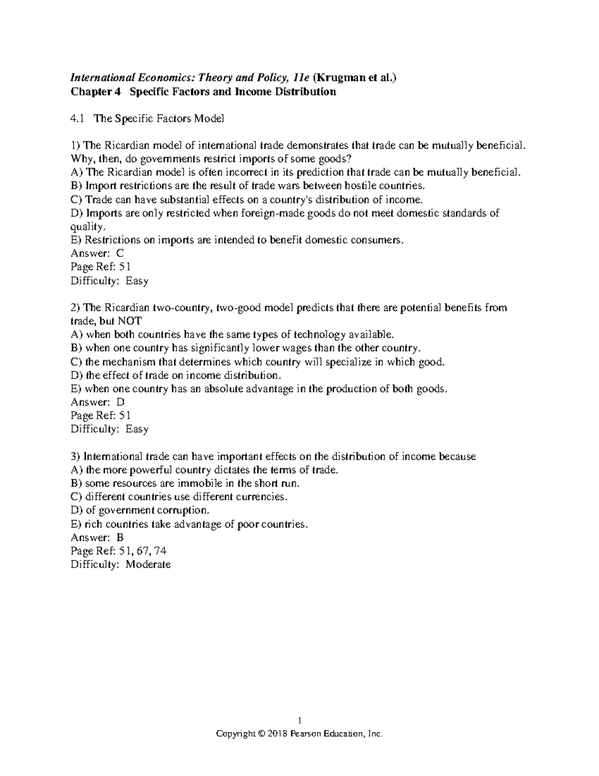 Chapter 4 Test Bank - Specific Factors and Income Distribution (Int ...