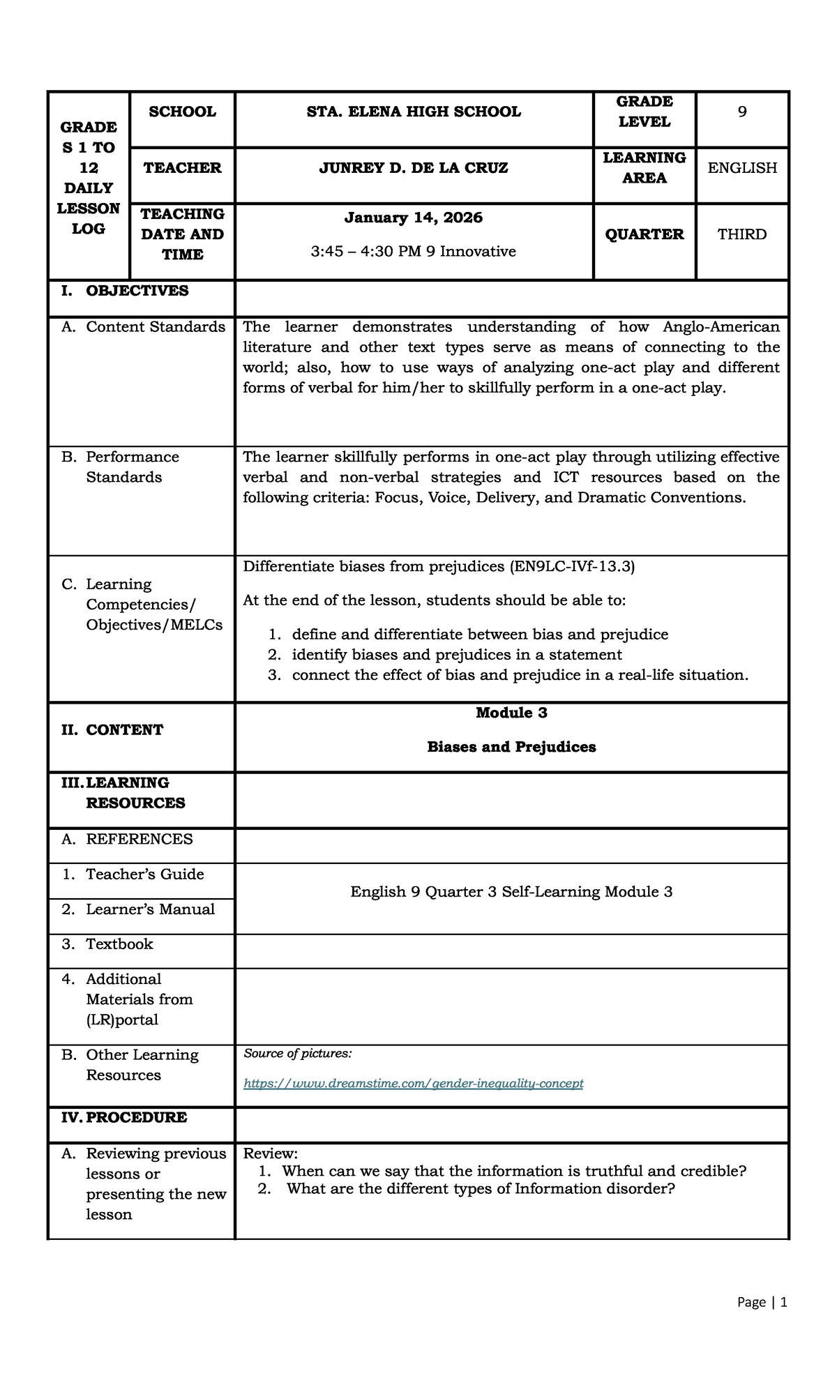 CO1 (2025-2026) - Daily Lesson Log: Bias and Prejudice in English 9 ...