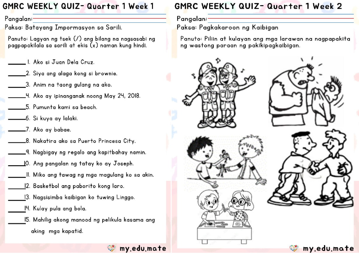 GMRC1 - WEEKLY Worksheets for Quarter 1: Self-Introduction & Friendship - Studocu