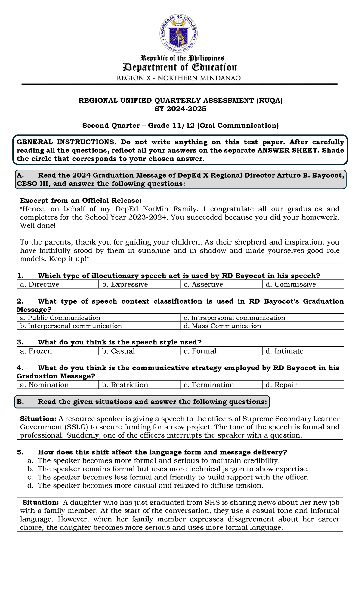 English 11-12 Q2 Final Assessment: Oral Communication Evaluation - Studocu