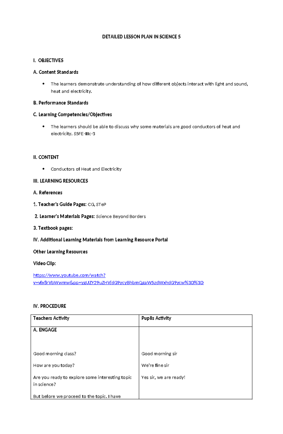 Detailed Lesson Plan in Science 5: Conductors of Heat & Electricity ...