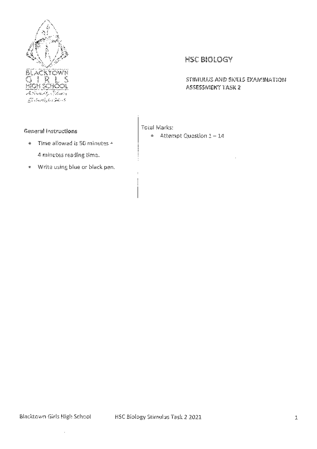 Y12 bio task 2 Revison - Biology Module 7 - HSC BIOLOGY BLACKTOWN GIRLS STIMULUS AND SKILLS ...