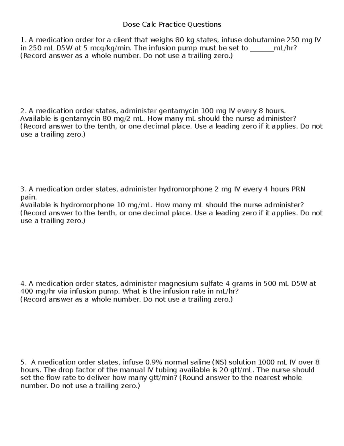 Dose Calculations Practice Worksheet: Math for Nursing - Dose Calc ...