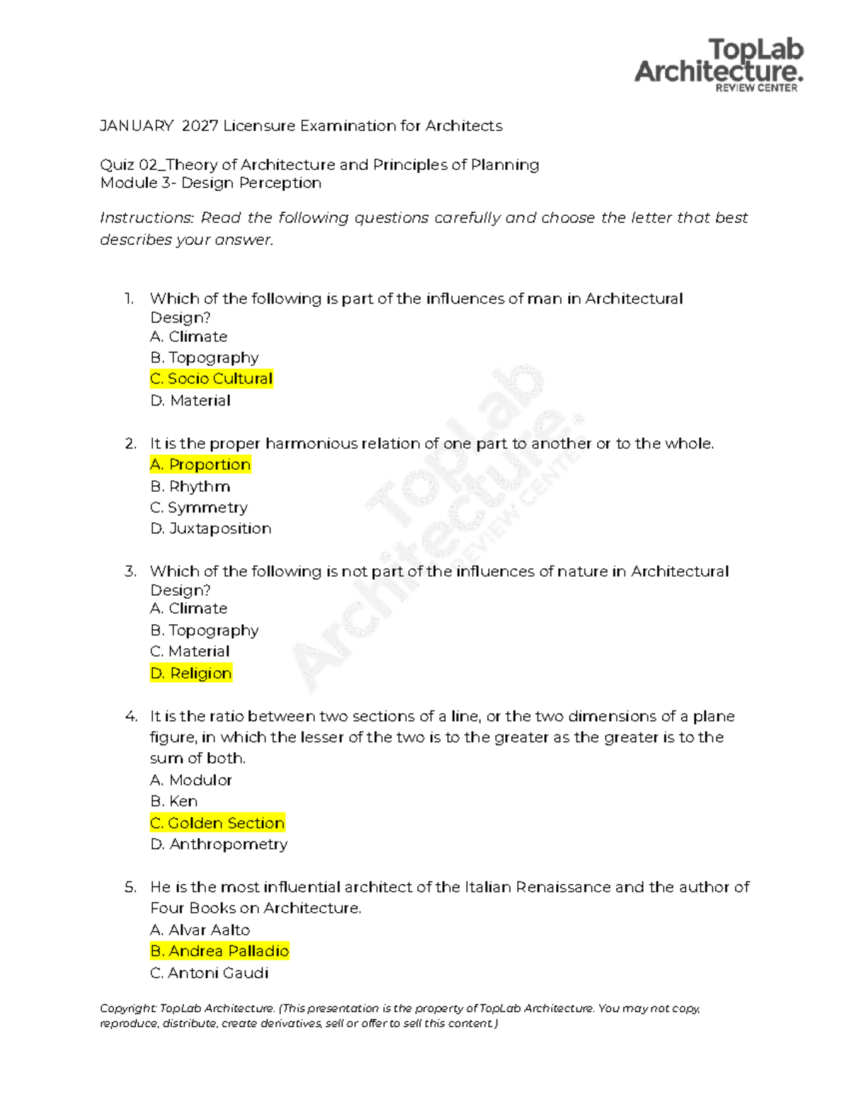 JANUARY 2027 Licensure Exam for Architects Quiz 02: Theory & Planning ...