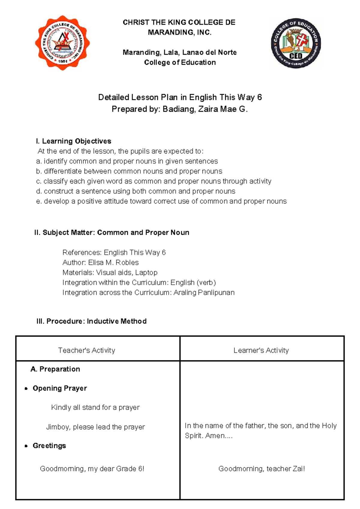 Zairaeduc 109 Finalized Detailed Lesson Plan on Nouns - Studocu