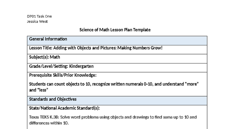 D701 Task One: Math Lesson Plan for Adding with Objects in K - Studocu