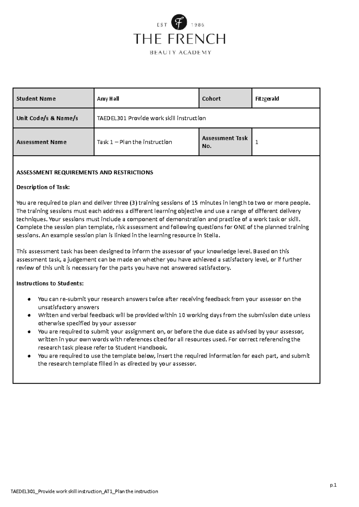 TAEDEL301 Assessment Task 1: Session Planning for Skills Training - Studocu