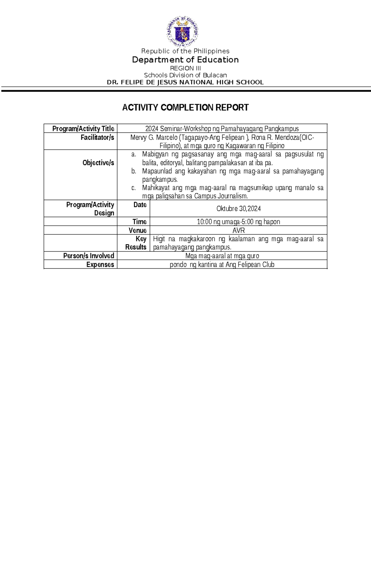 Activity Completion Report: Campus Journalism Training 2024 - Studocu
