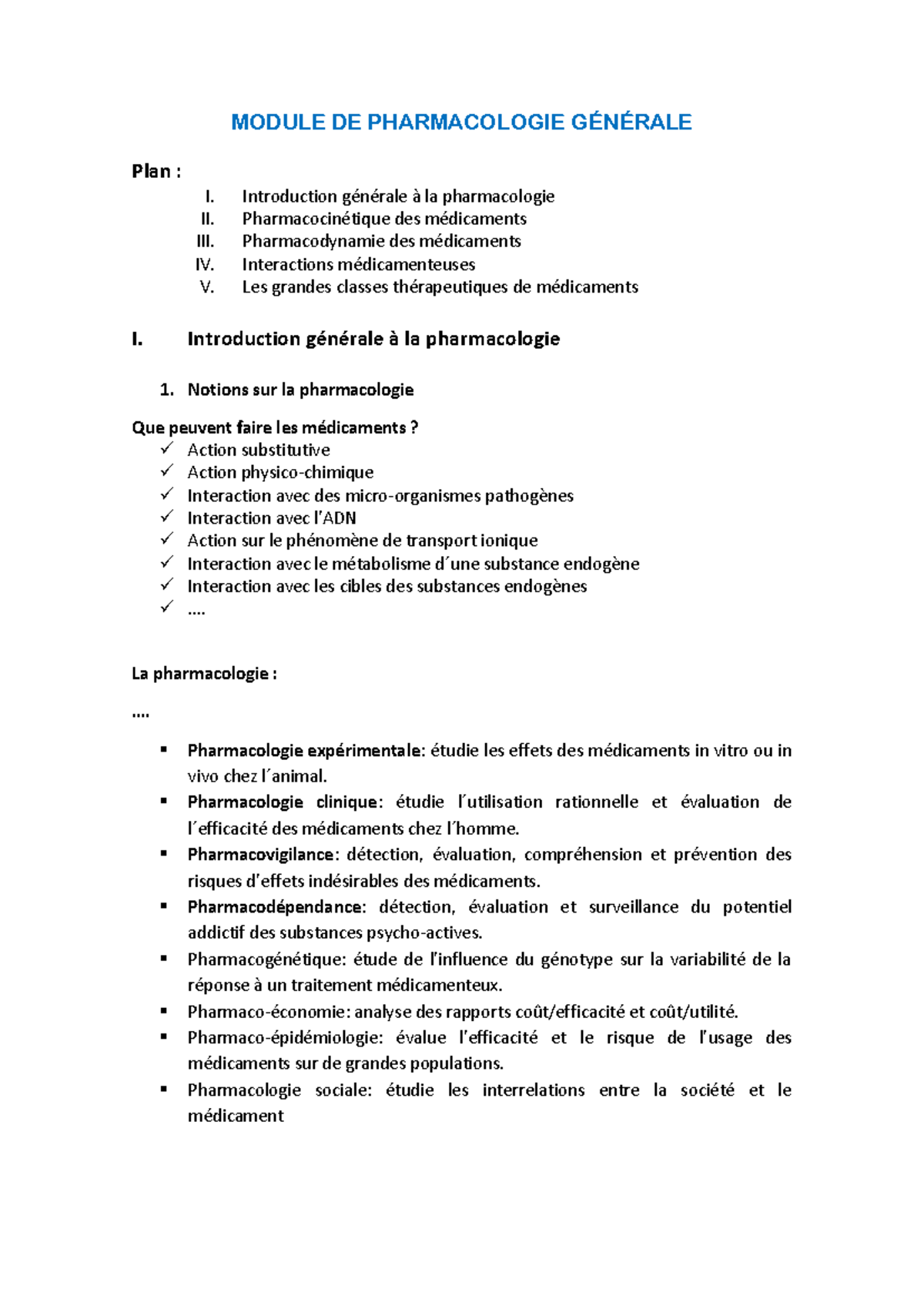 Module de Pharmaco Généraux: Introduction et Concepts Fondamentaux ...