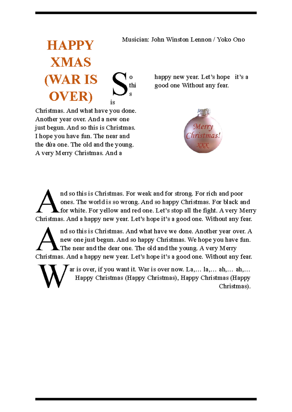 HAPPY XMAS (WAR IS OVER) - Lyrics Analysis and Reflection - Studocu