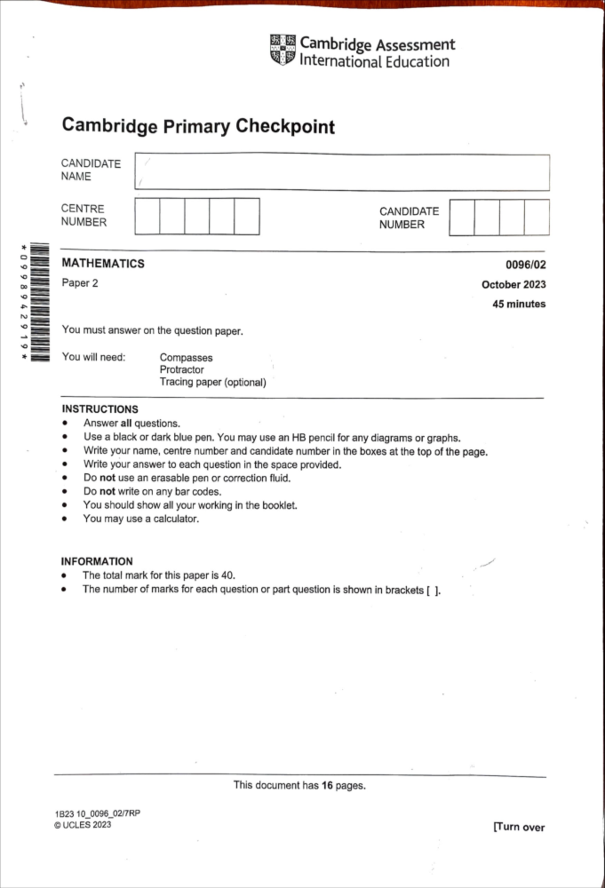 Cambridge Primary Checkpoint Math Paper 2 - Cambridge Assessment ...
