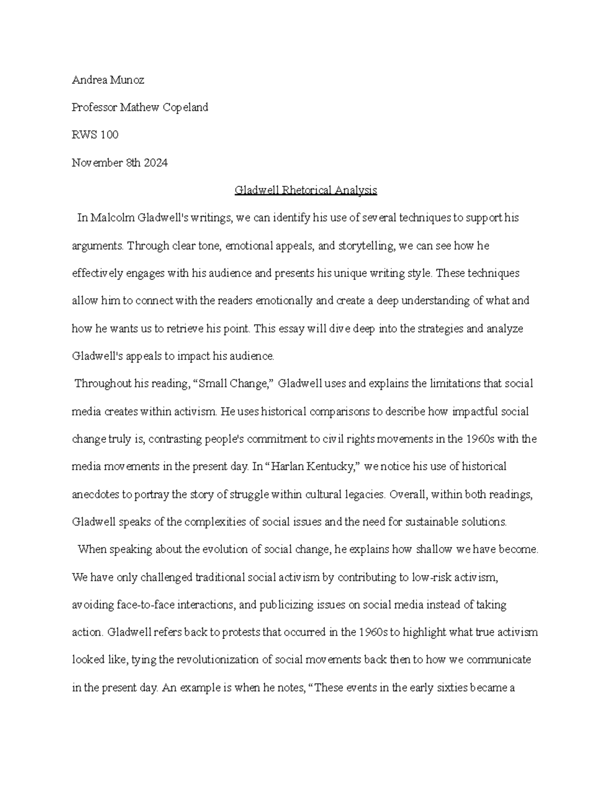 RWS 100 Final Exam - Analysis of Malcolm Gladwell's Rhetorical ...