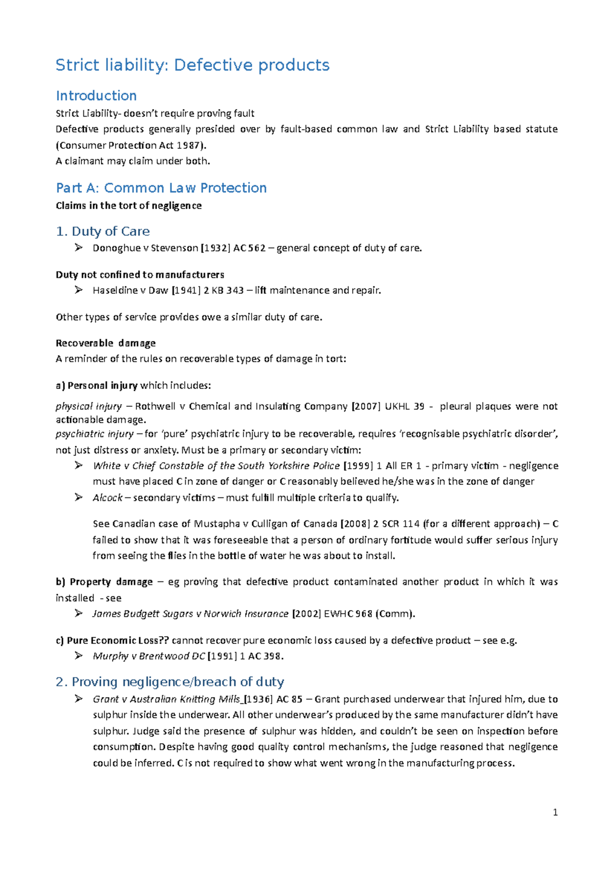 Product Liability (LAW101) Lecture Notes on Strict Liability - Studocu