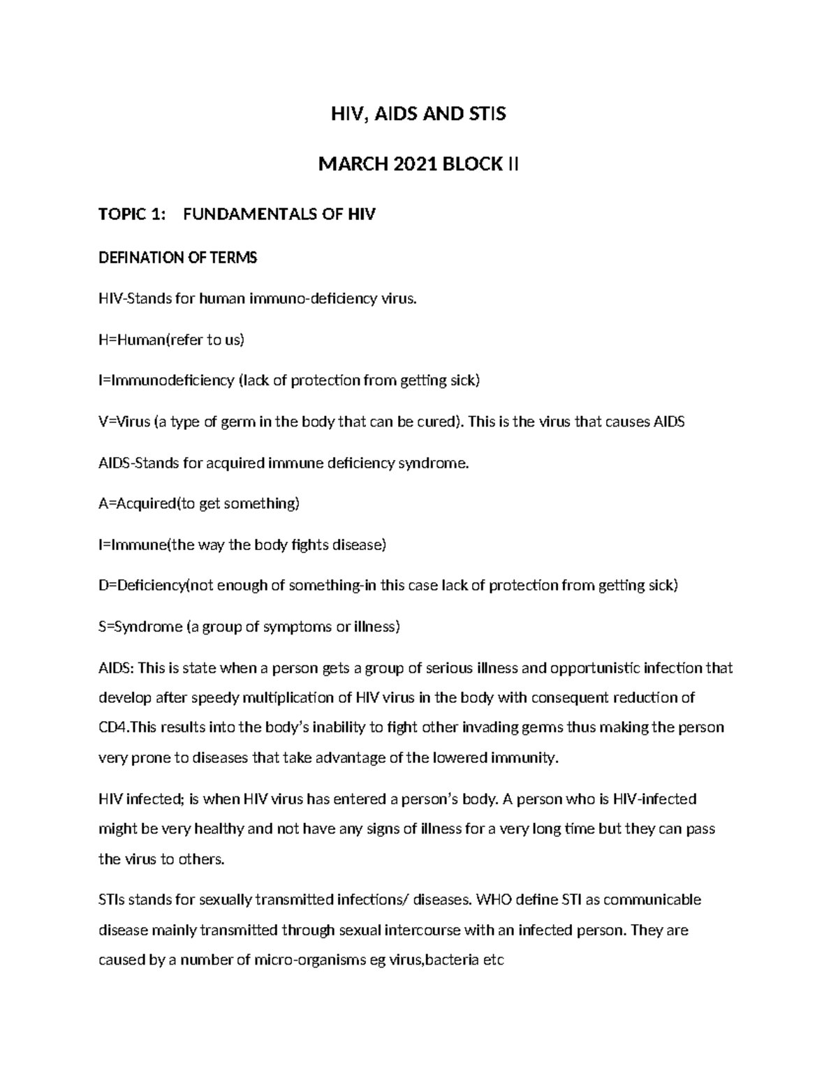 HIV, AIDS, and STIs - Comprehensive Study Notes for Block II - Studocu
