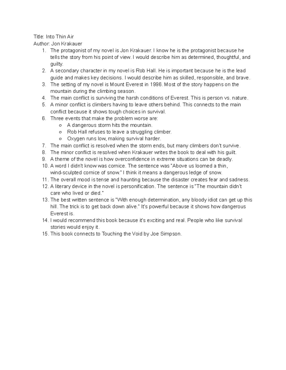 ENG 101: Analysis and Summary of "Into Thin Air" by Jon Krakauer - Studocu