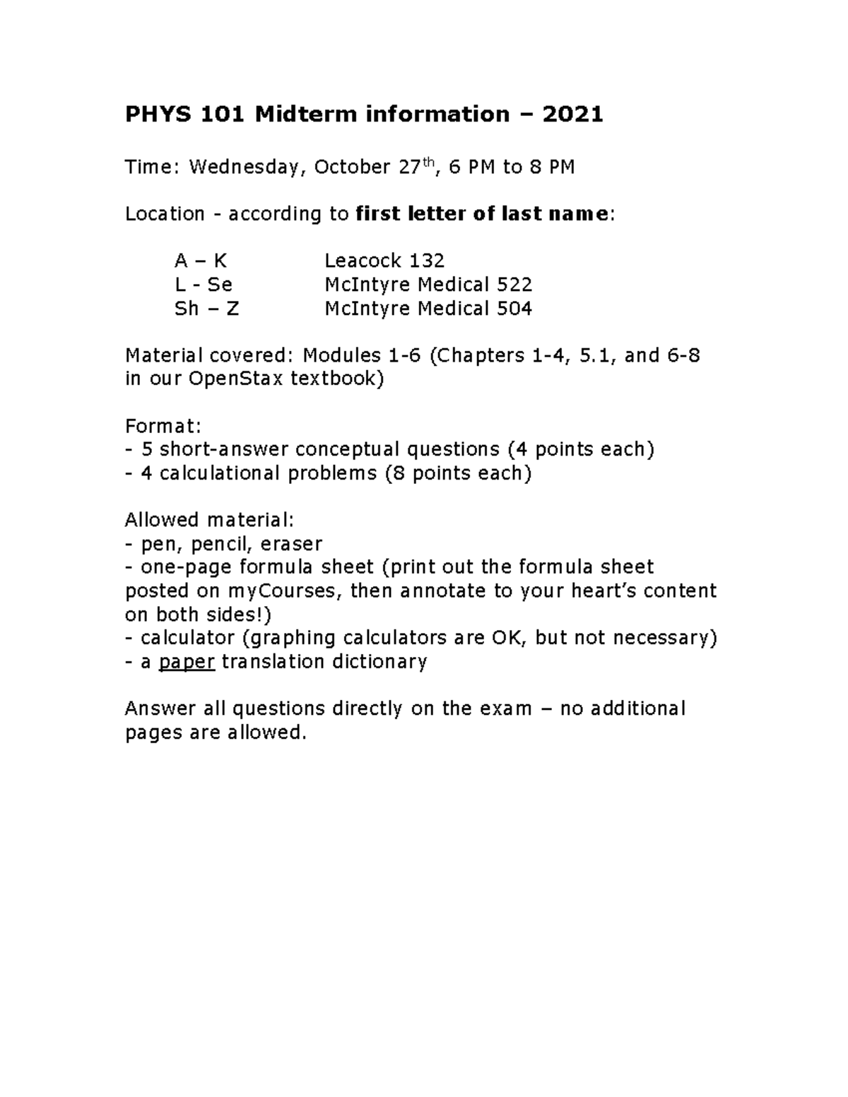 PHYS 101 Midterm Exam Details - October 27, 2021 - Studocu
