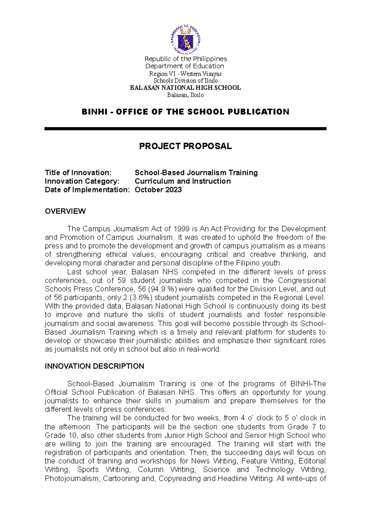 School-Based Journalism Training Proposal for BINHI - Balasan NHS - Studocu