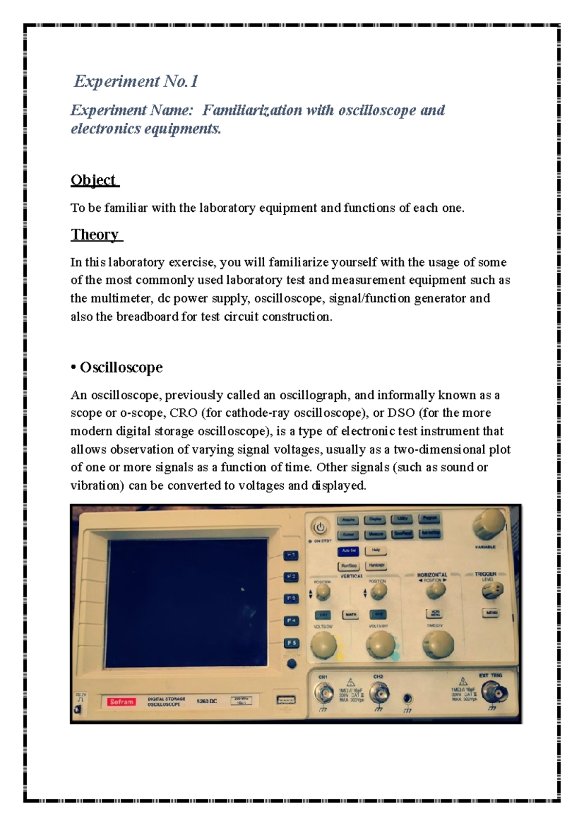 Experiment 1 - Familiarization with Oscilloscope & Electronics Equip ...